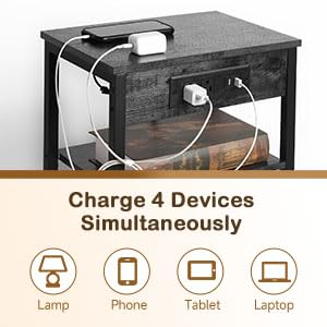 Rietolax LED End Table with Charging Station, Small Side Table for Living Room, Nightstand with USB Ports & Outlets, 3-Tier Bedside Table with Storage Shelf, Black