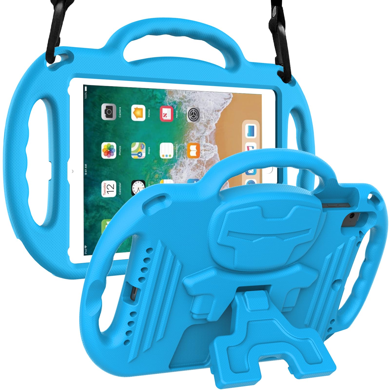 LTROP Kids Case for iPad 5th/6th Generation (2017/2018) & Air 2, Shoulder Strap Handle Stand Shockproof Bumper Cute Kid Case for iPad 9.7 Inch, Blue
