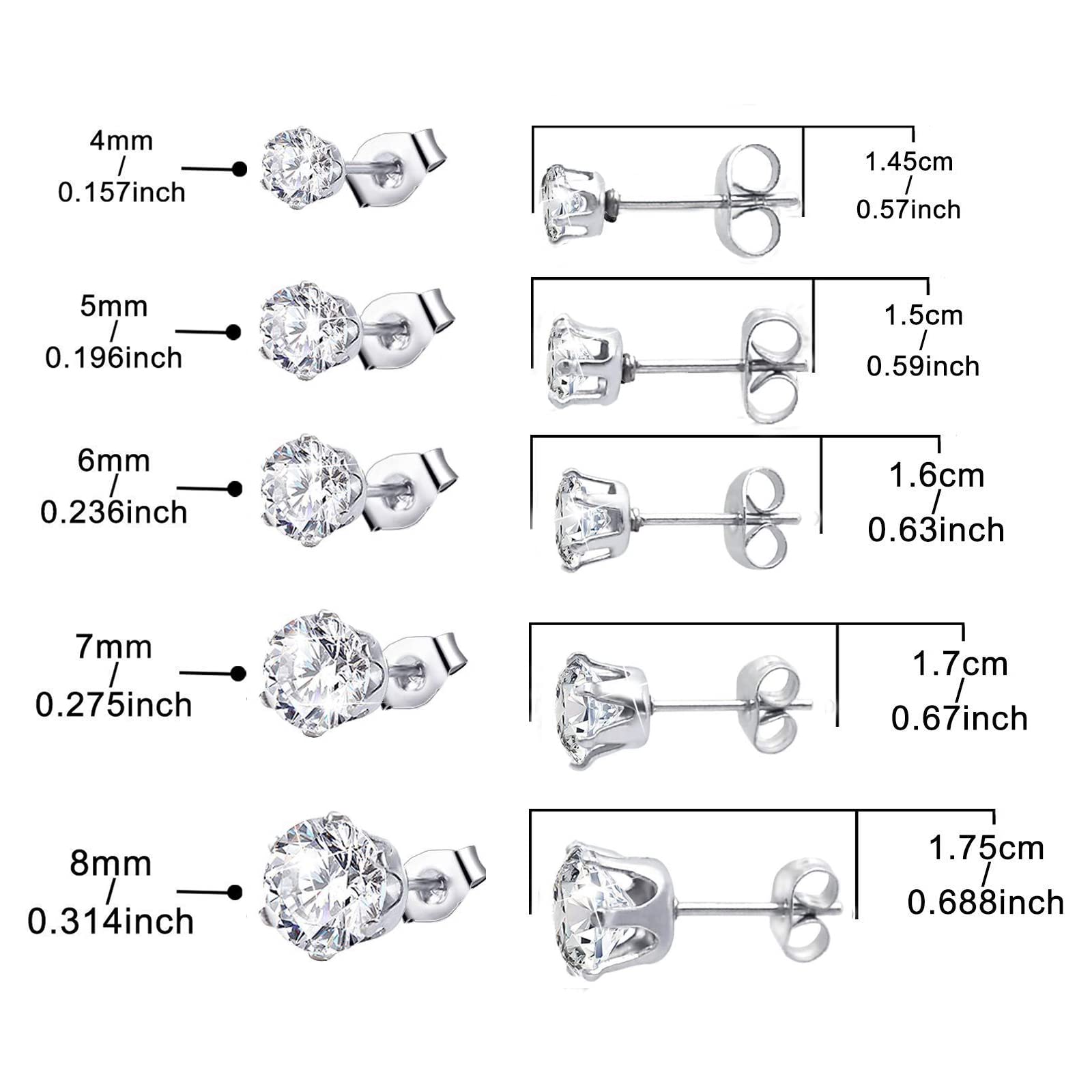 5 Pairs Stud Earrings Set for Women Gold Silver Diamond Earrings Hypoallergenic Cubic Zirconia Earrings Studs Clear CZ Earings 4-8mm Post