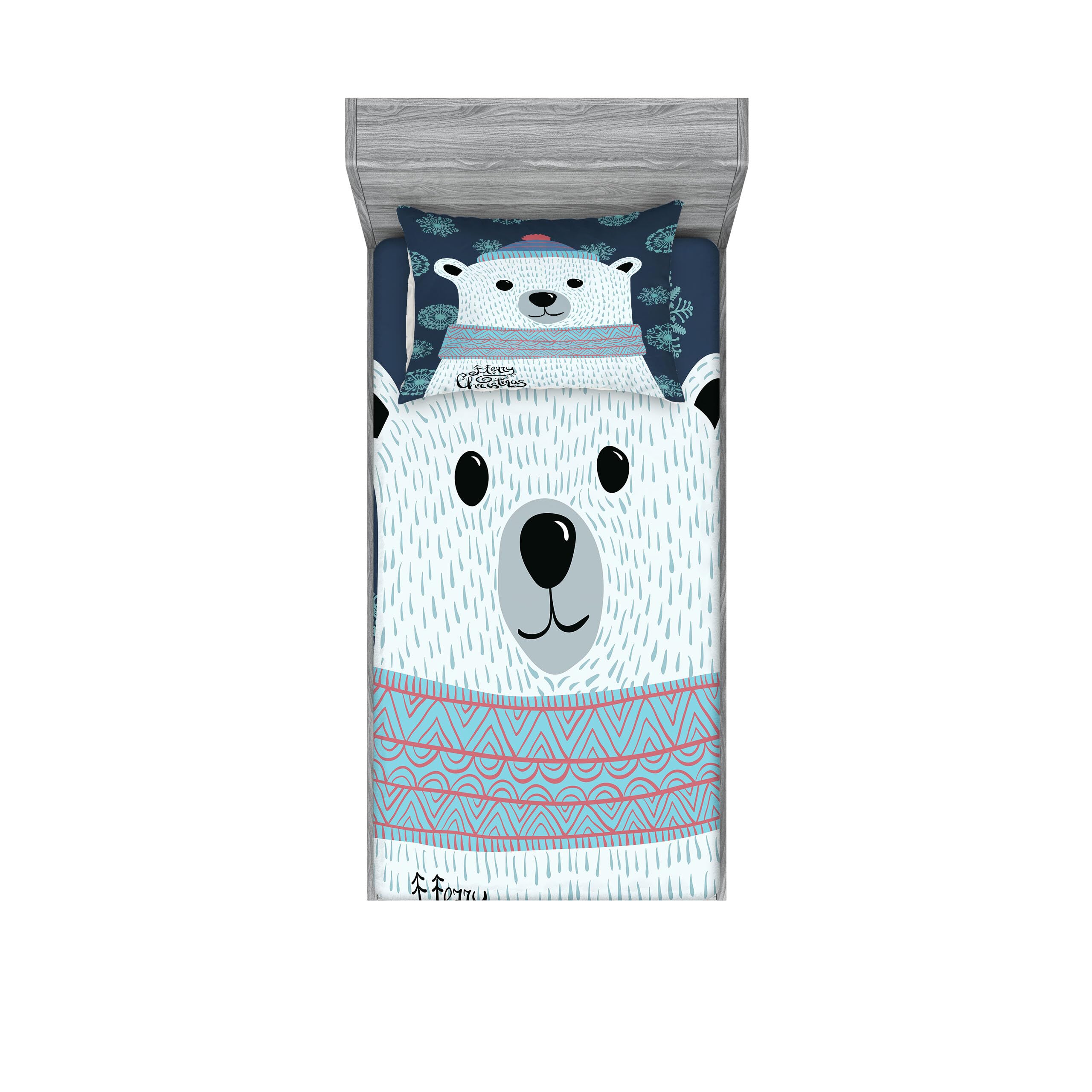 Ambesonne Polar Bear Fitted Sheet & Pillow Sham Set, Christmas Portrait of a Bear in Winter Snowflakes Noel Cartoon, Decorative Printed 2 Piece Bedding Decor Set, Twin, Dark Blue Multicolor