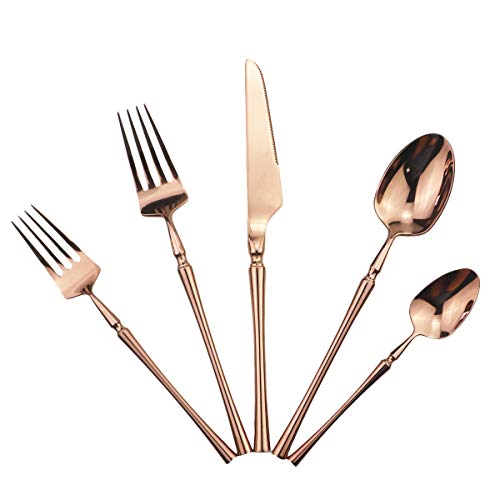 Gugrida Copper Silverware Set, 5-Piece 18/10 Stainless Steel Flatware Cutlery Set for 1,Mirror Finish, Ideal for Wedding Festival Party Home Kitchen, Dishwasher Safe