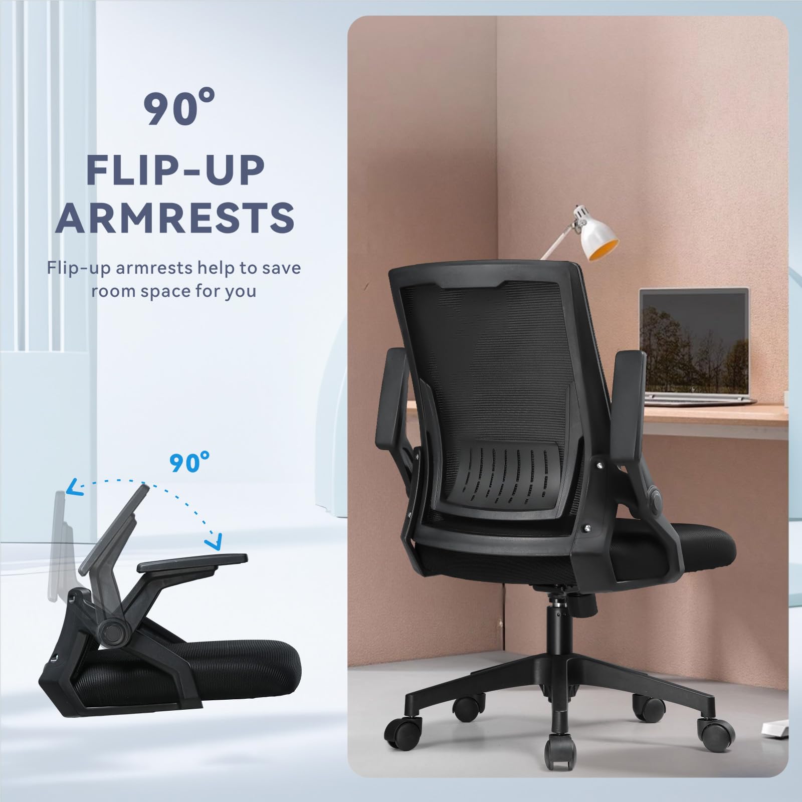 COMHOMA Office Chair with Flip-up Armrests Ergonomic Computer Desk Chair Foldable Mesh Task Chair with Wheels Adaptive Lumbar Support Swivel Tilt Comfortable Study Chair, Black (Seat Depth 17.7")