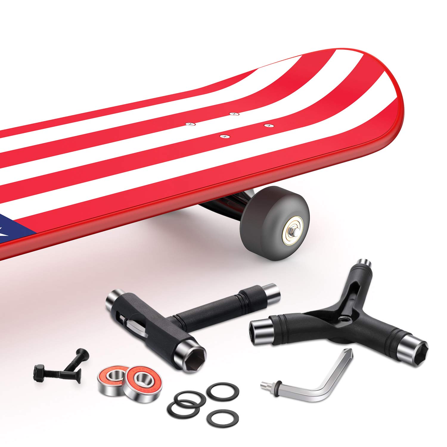 45 Pieces Multifunctional Skateboard Tools T Skate Tool and Y Skateboard Tool with Skateboard Bearings, Nuts and Mounting Bolts, Washers for Most Skateboards and Long Boards