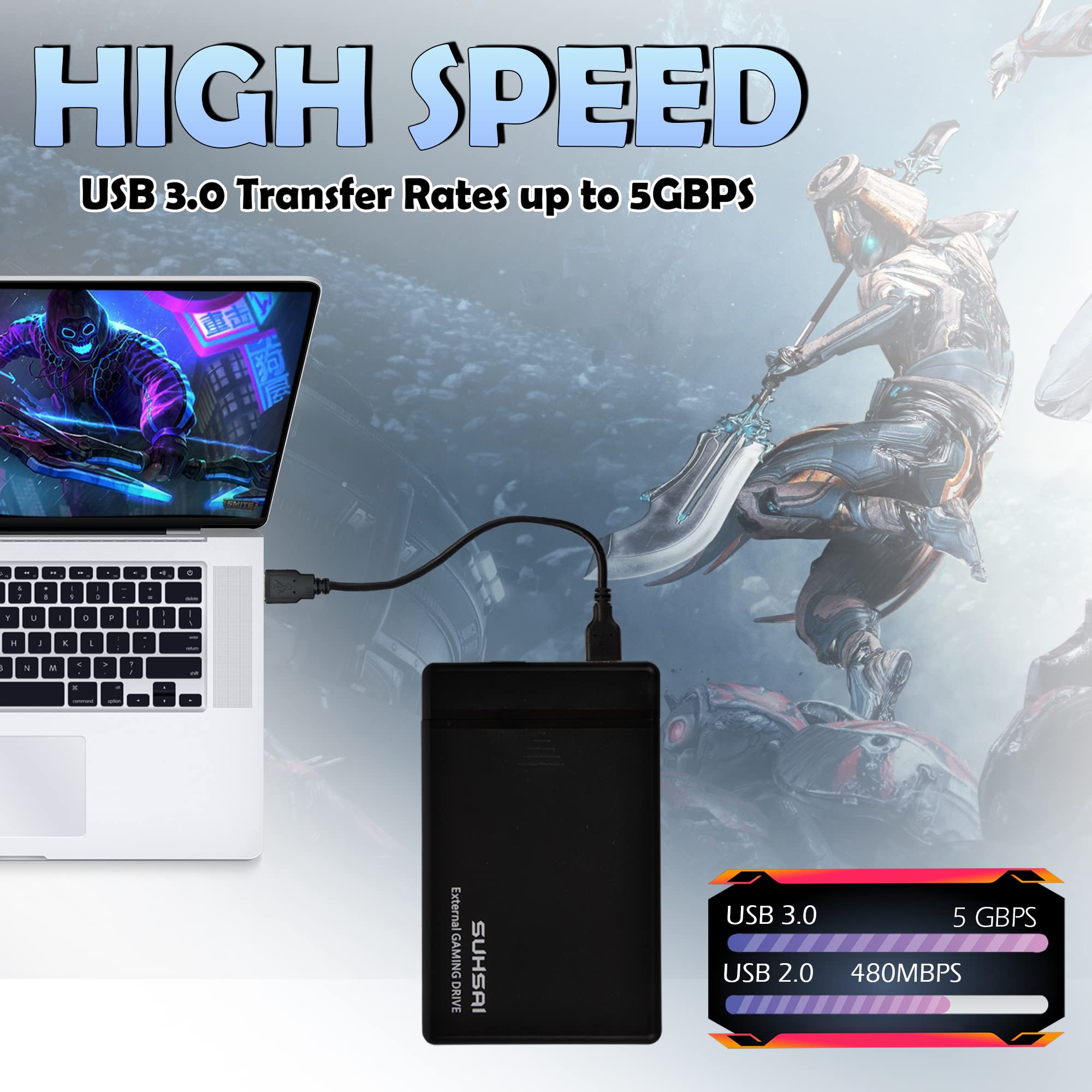 Suhsai External Hard Disk for Gaming, USB 3.0 Portable HDD Storage & Backup Drive for Laptop, Desktop, Playstation Xbox Game - Suitable with Windows, Mac, Game Console, PS4, PS5 (320GB - Black)