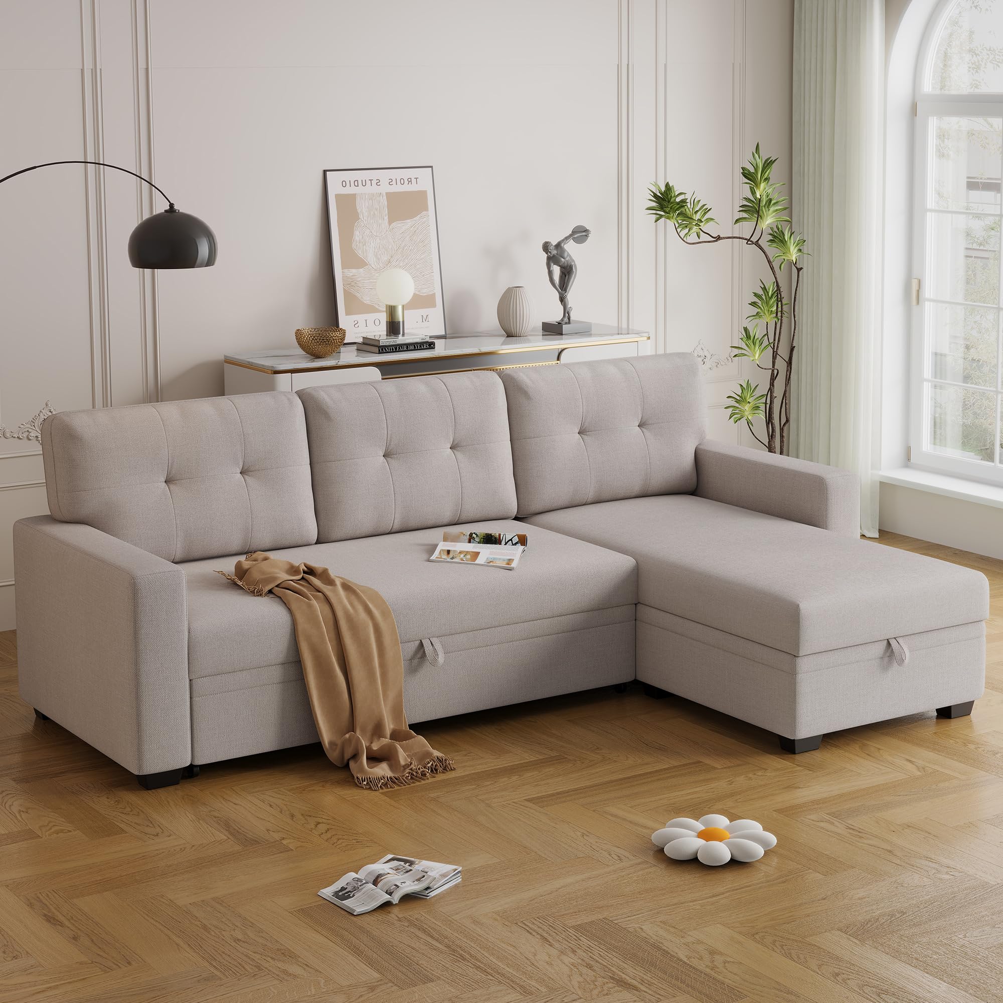 Acosure 82" Upholstered Pull Out Sofa Bed with Storage Chaise,Linen Reversible Couch W/Tufted Backrest,3 Seater Sectional Sleeper for Living Room Apartment Office,Beige