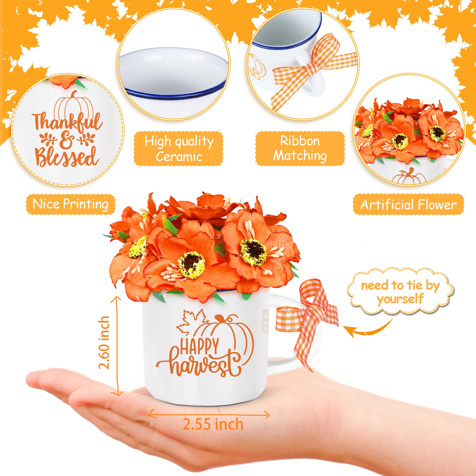 3PCS Mini Coffee Mug with Artificial Flowers for Fall/Thanksgiving Tiered Tray Decor - Autumn Pumpkin Ceramic Fall Decorations for Home Fall Decor Farmhouse Table Centerpiece Warming Gifts New Home