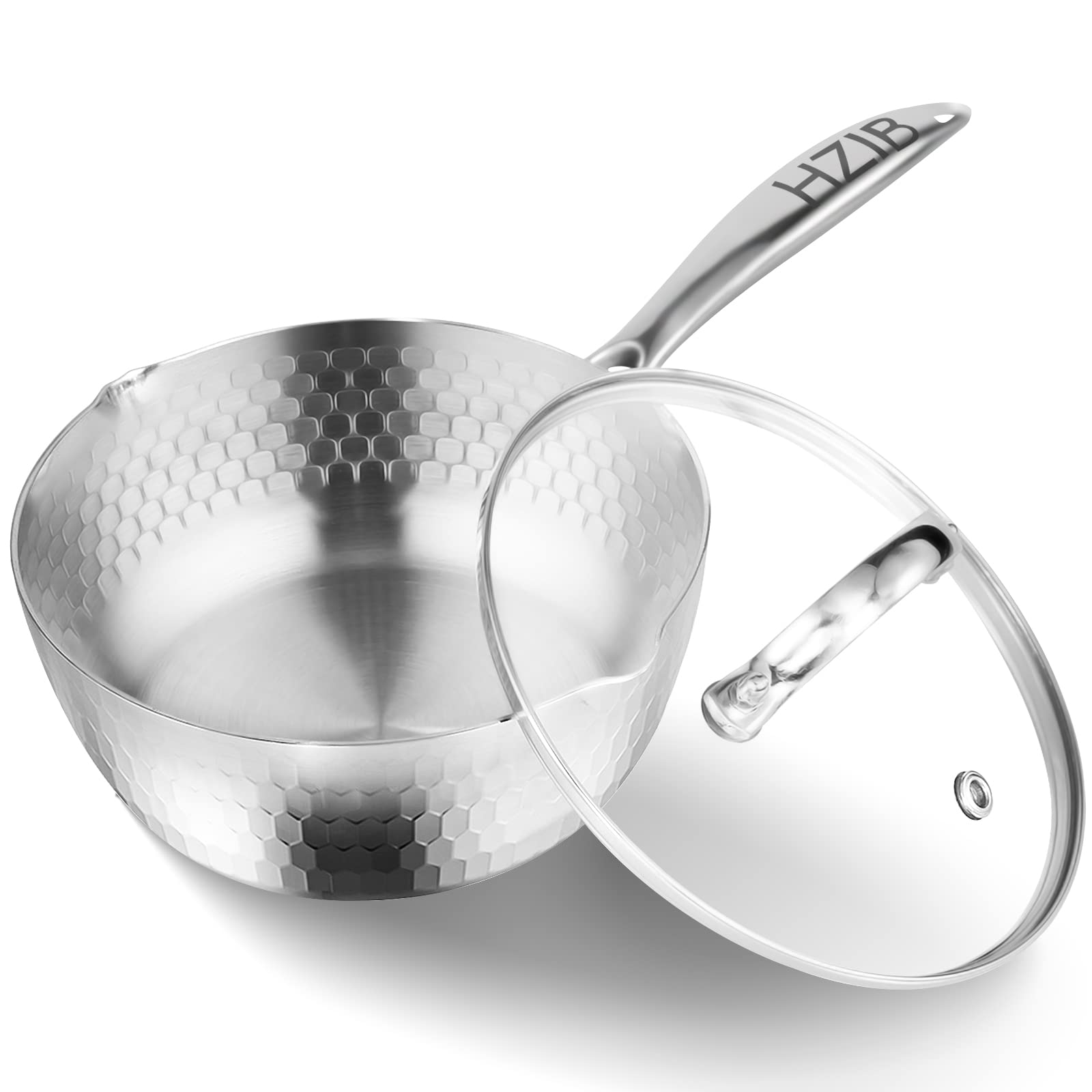 HZIB Stainless Steel Saucepan with Glass Lid,Two Side Spouts for Easy Pour,Ergonomic Handle, Multipurpose Sauce Pan with Lid, Yukihira Sauce Pan,Stock Pots Use for Home Kitchen Restaurant - 1.5 Quart