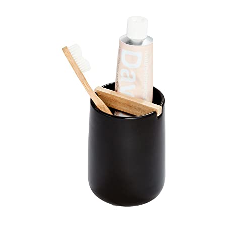 iDesign Ceramic Earth Collection Toothbrush Holder with Paulownia Wood Divider, One Size, Matte Black/Natural