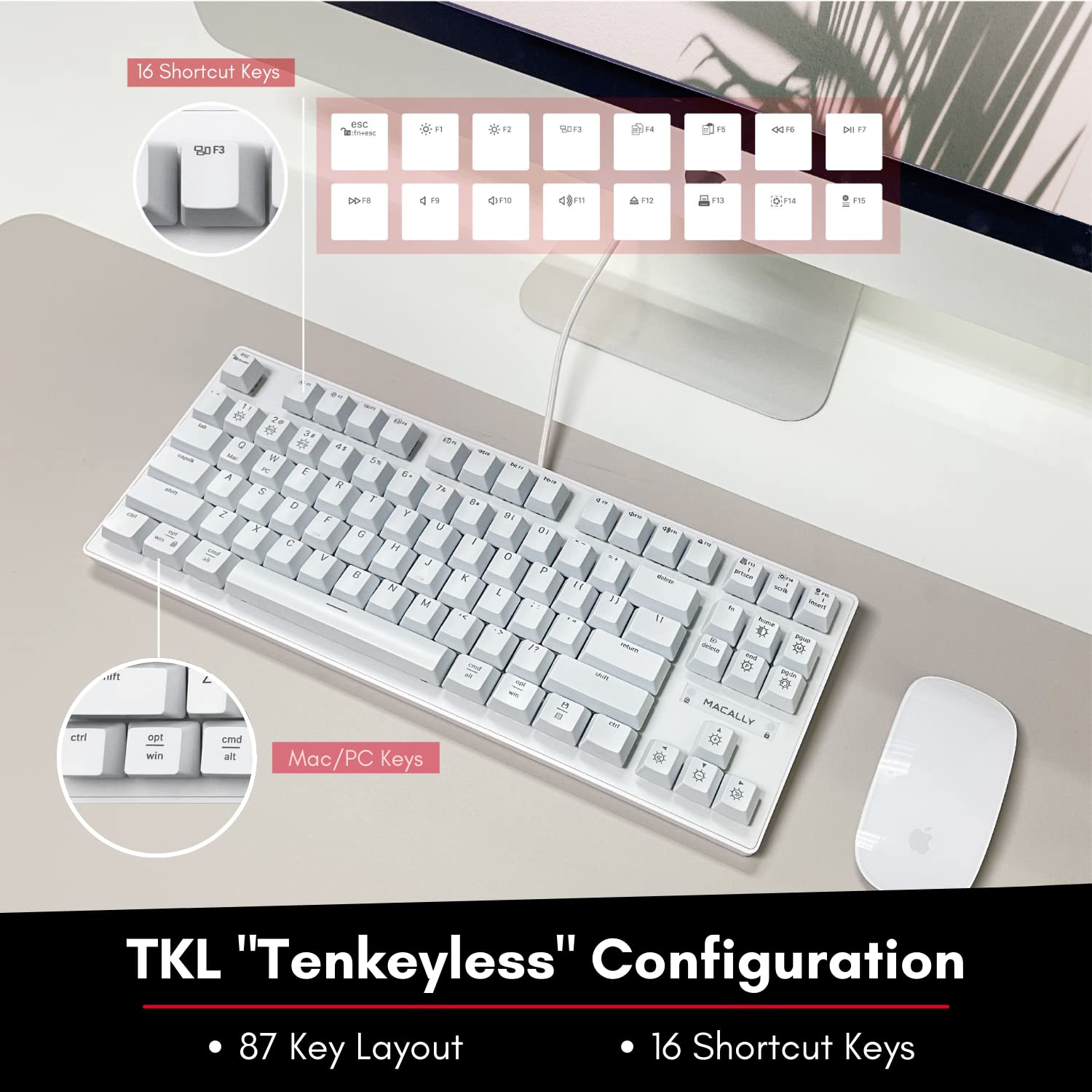 Macally Mac Mechanical Keyboard Backlit - Retro, but Modern - (Tactile/Audible Brown Switches) USB Backlit Wired Keyboard with Crisp White LEDs and Weighted Base - TKL Keyboard for Mac and PC