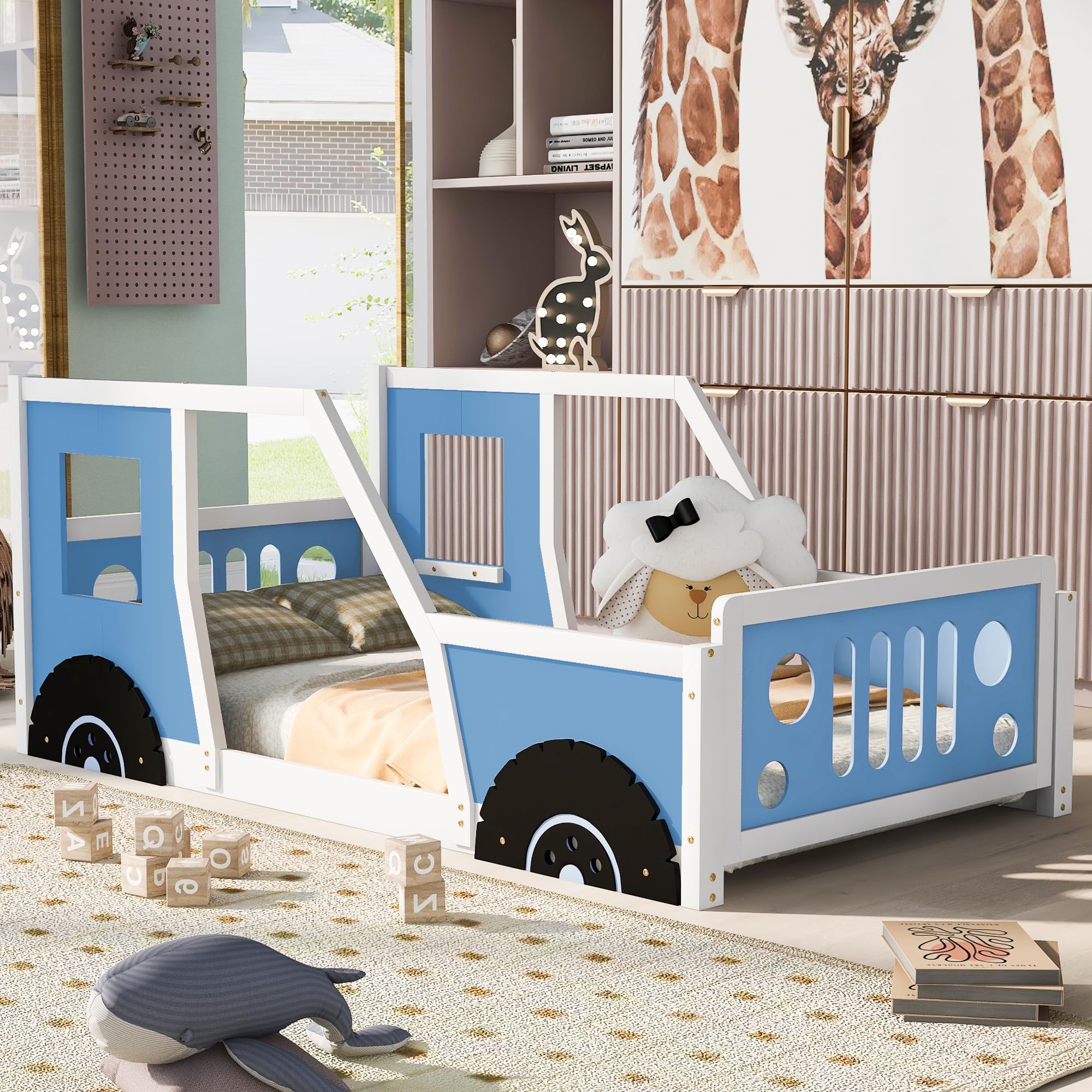 Acosure Twin Size Classic Car-Shaped Platform Bed with Wheels,Headboard and Footboard,Bedroom Wood Bed Frame W/No Box Spring Required,Easy to Assemble,for Kids Teens Girls Boys,Blue