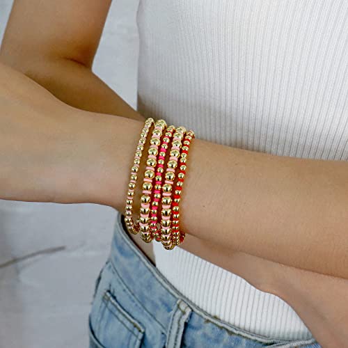 CONRAN KREMIX Gold Beaded Bracelets 14K Gold Plated Bead And Pink Heishi Clay Bead Stackable Stretch Bracelet Set Gold Jewelry For Women
