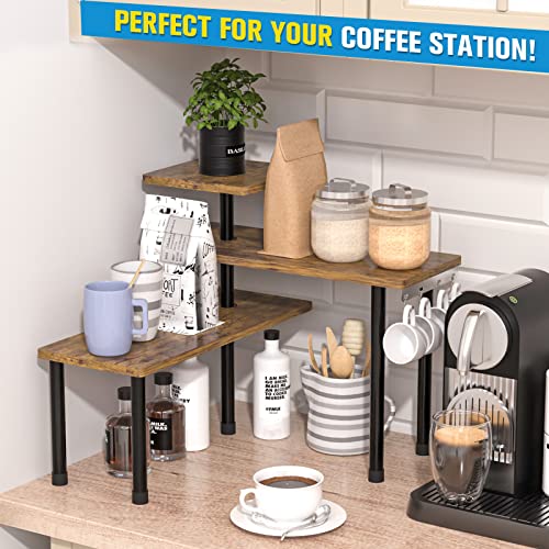 Kitchen Countertop Organizer Kitchen Organization, 3 Tier Shelf Moveable Corner Shelf Organizer for Kitchen Counter, Bathroom Counter, Spice Rack, Coffee Area, Over Sink, Dresser Table (Rustic Brown)