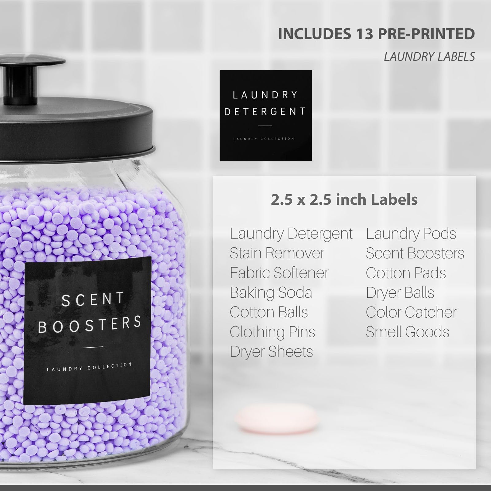4 Pack Laundry Room Organization and Storage Containers 64 Oz With Labels, Half Gallon Glass Laundry Organizer Jar Holder For Laundry Pods, Scent Booster, Detergent, Dryer Balls Includes 4 Scoops
