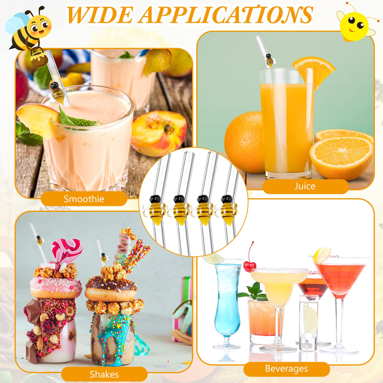 6 Pcs Reusable Glass Straws, Cute Bee on Clear Straws with Design 7.9 In x 8 Mm Colorful Shatter Resistant Bent Drinking Straws for Beverages, Shakes, Juices Suitable for Smoothies, Cocktails