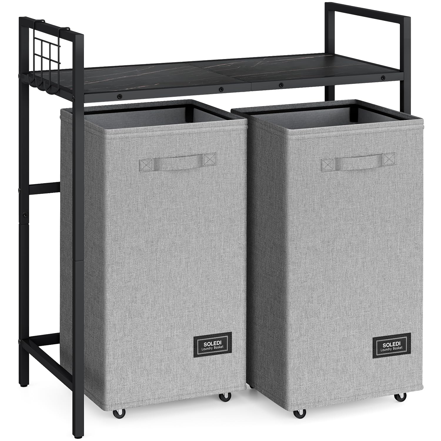 SOLEDI Double Laundry Hamper with Shelf, Rolling Laundry Basket with Wheels, Metal Frame Laundry Sorter Organizer, 120L Large Clothes Hamper for Laundry Room Bathroom Brown