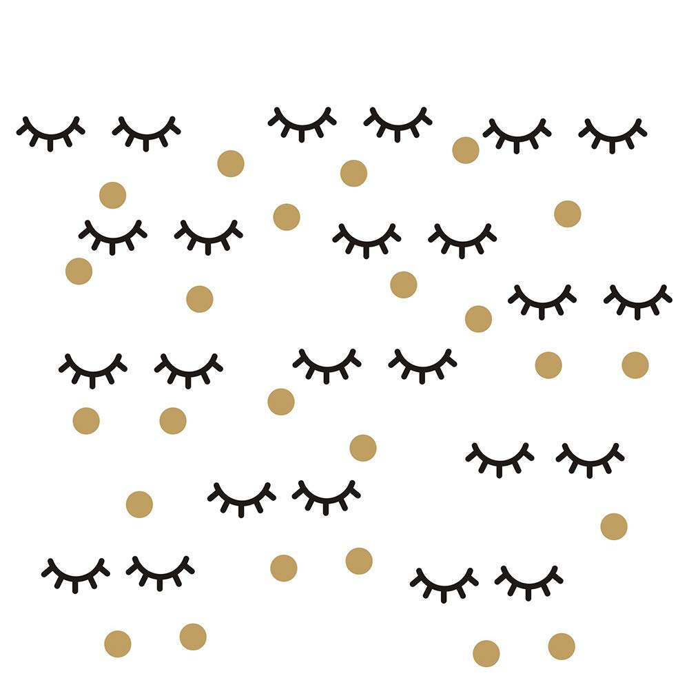 JUEKUI Wall Decor Sticker 96pcs Lovely Sleepy Eye Eyelashes with 100pcs Pink Dots Vinyl Deccal for Kids Bedroom Makeup Art WS22 (Black+Gold)