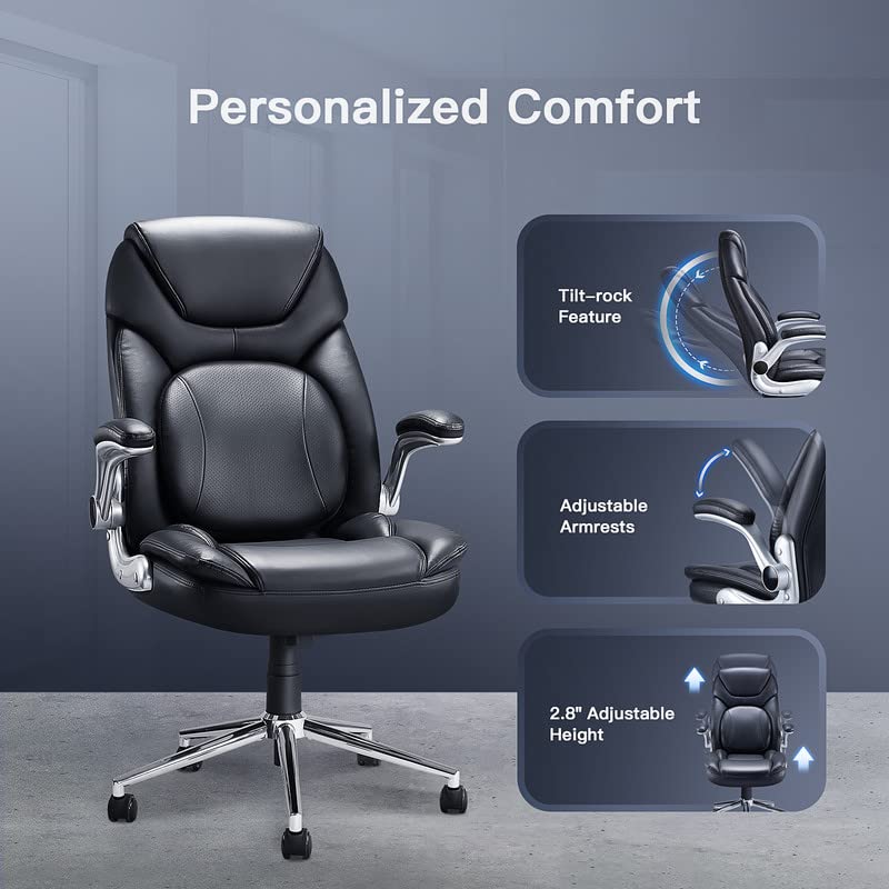 HUANUO Leather Office Chair, Executive Computer Desk Chair, Executive Office Chair with Adjustable Flip-up Arms, Leather Desk Chair with Lumbar Support