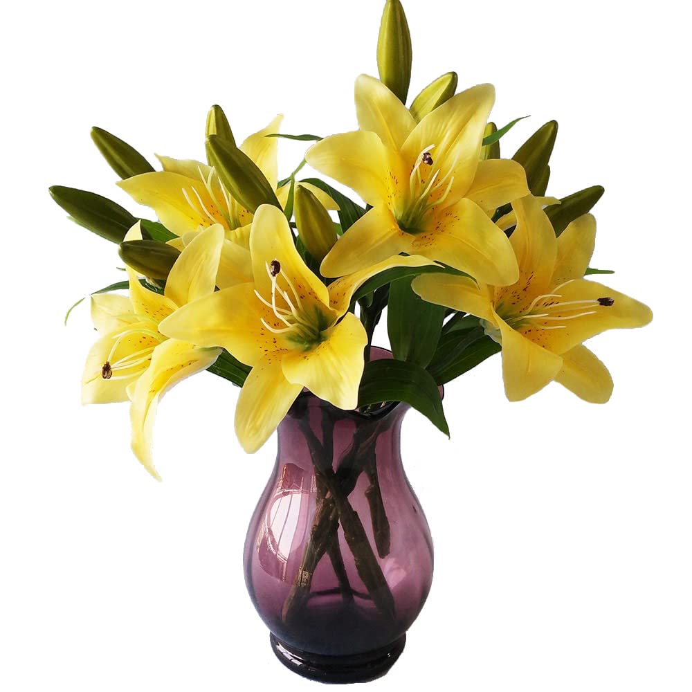 Joostee 8PCS Artificial Lily 3 Heads Fake Lily Artificial Flower for Wedding Home Party Garden Office Decor (Yellow)