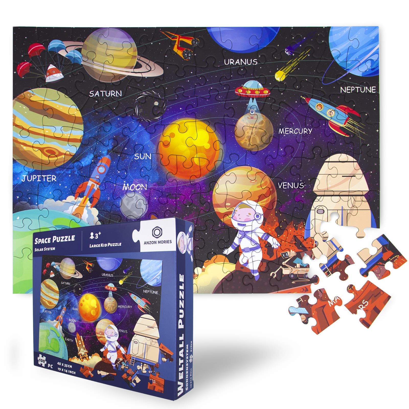 Anzon Mories Solar System Puzzle 100 Pieces (Unique Shape), Space Large Kid Jigsaw Size 19x14, Educational Preschool Universe Planet Learning Toy for Boy, Girl, Teenager, Children 3 4 5 6 7 8