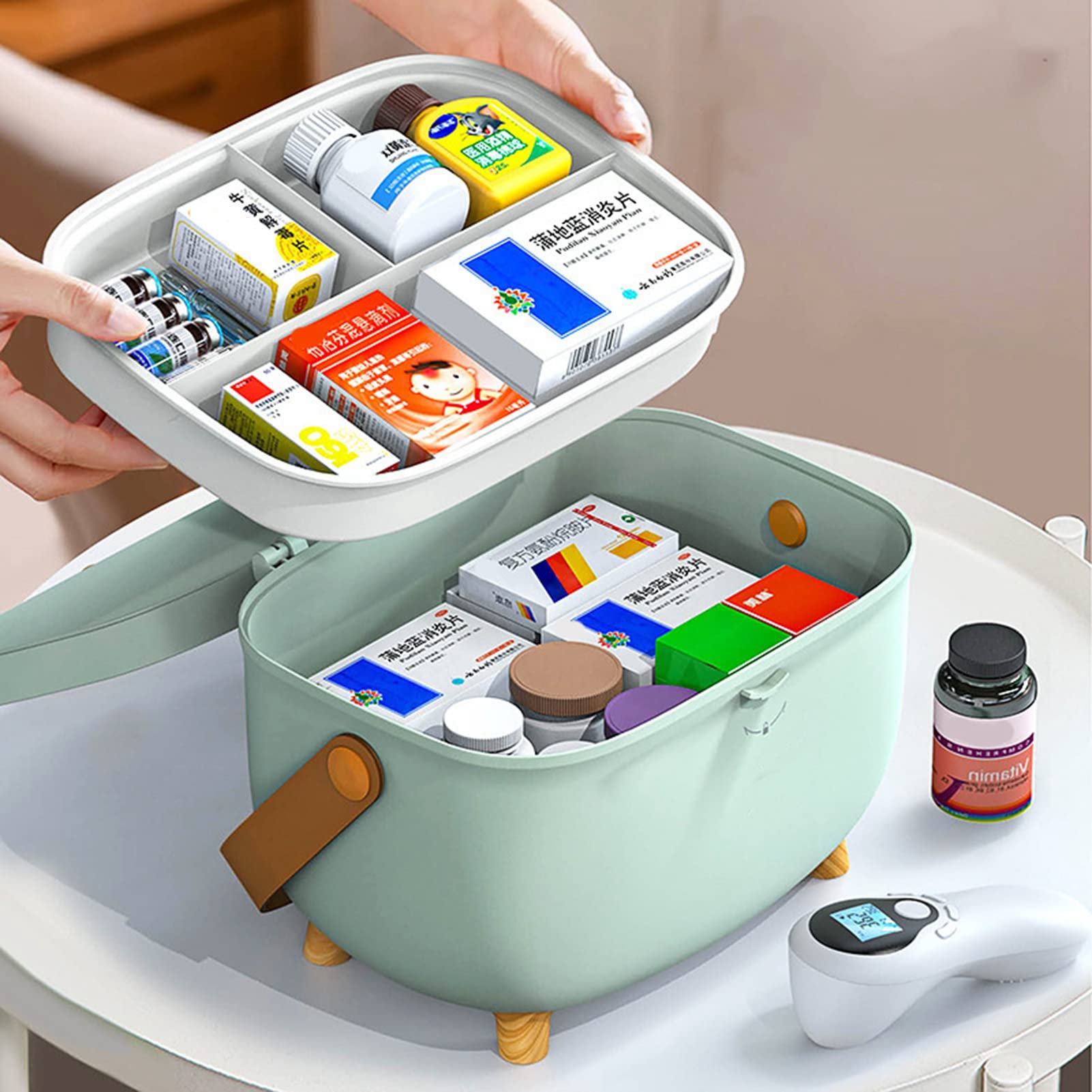 BigKing Oval Medicine Storage Box, Plastic Medicine Storage Box Oval Double Layers Multi Grid Large Capacity Medical Box Organizer for Home Dorm(Light fir Green)