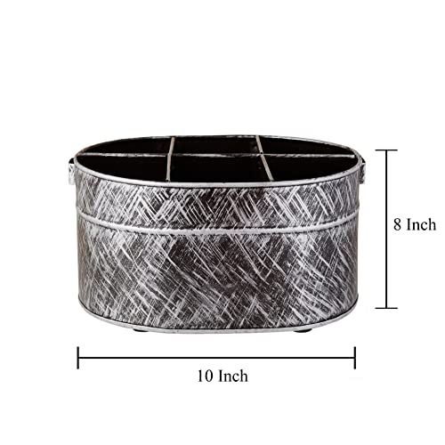 Black & Silver Metalic Caddy Plain 10.5 x 8 x 5 - Galvanized Metal Organizer for Kitchen Counter - Comfortable Wooden Handle /Indoor/Outdoor Storage For Flatware, Condiments, Party Cutlery, Arts