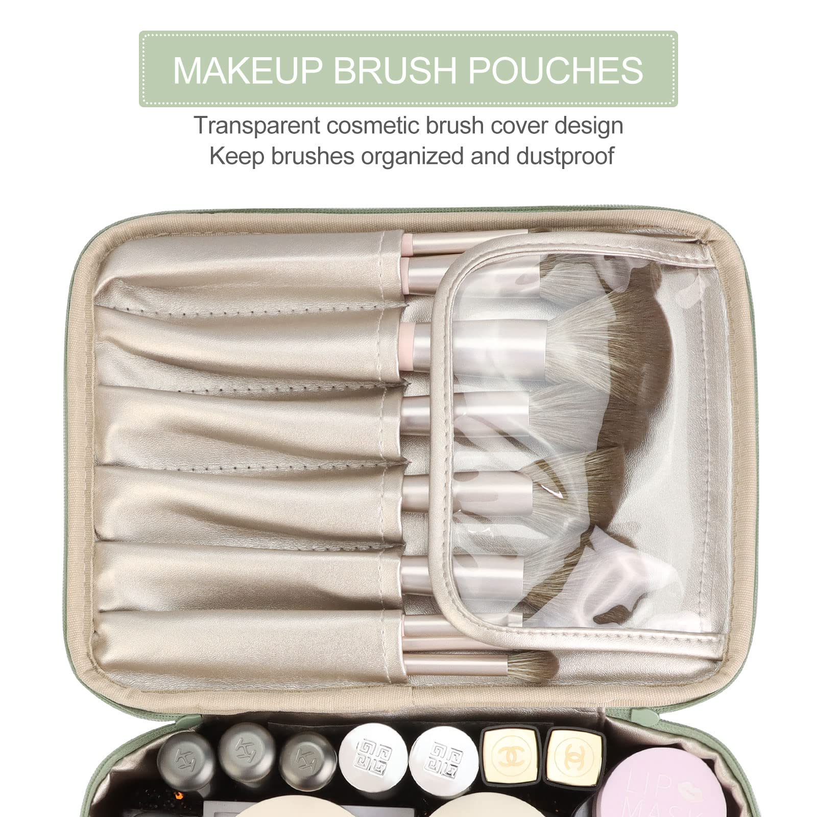 Pocmimut Makeup Bag,Cosmetic Bag for Women Travel Make Up Bag with Brush Compartment for Women(Green)