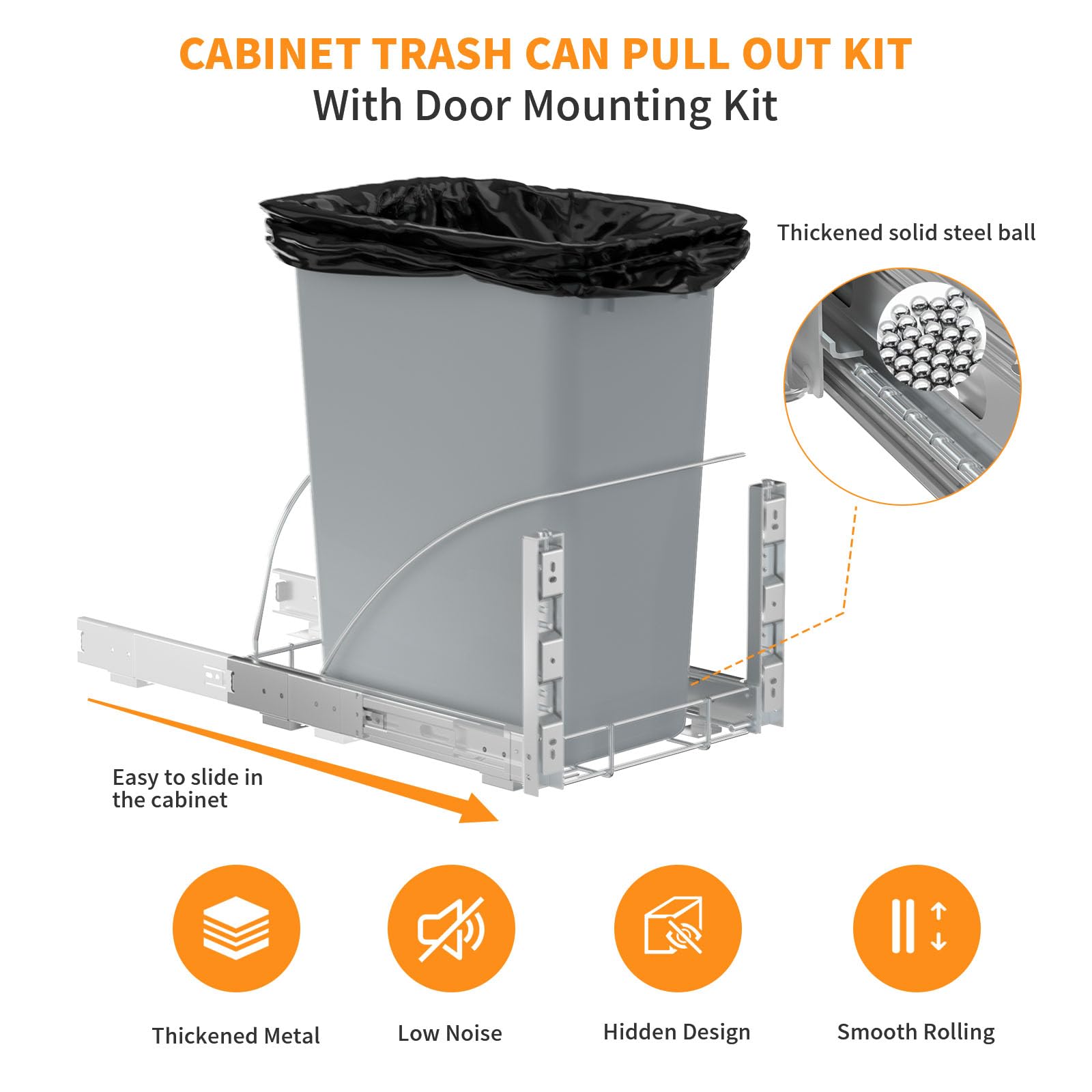 Pull Out Trash Can Under Cabinet，Under Sink Trash Can Cabinet Pull Out with Door Mounting Kit，Cabinet Trash Can Pull Out Kit，Requires 15" W X 18" D Minimum Cabinets，Chrome-Waste Bin Not Included