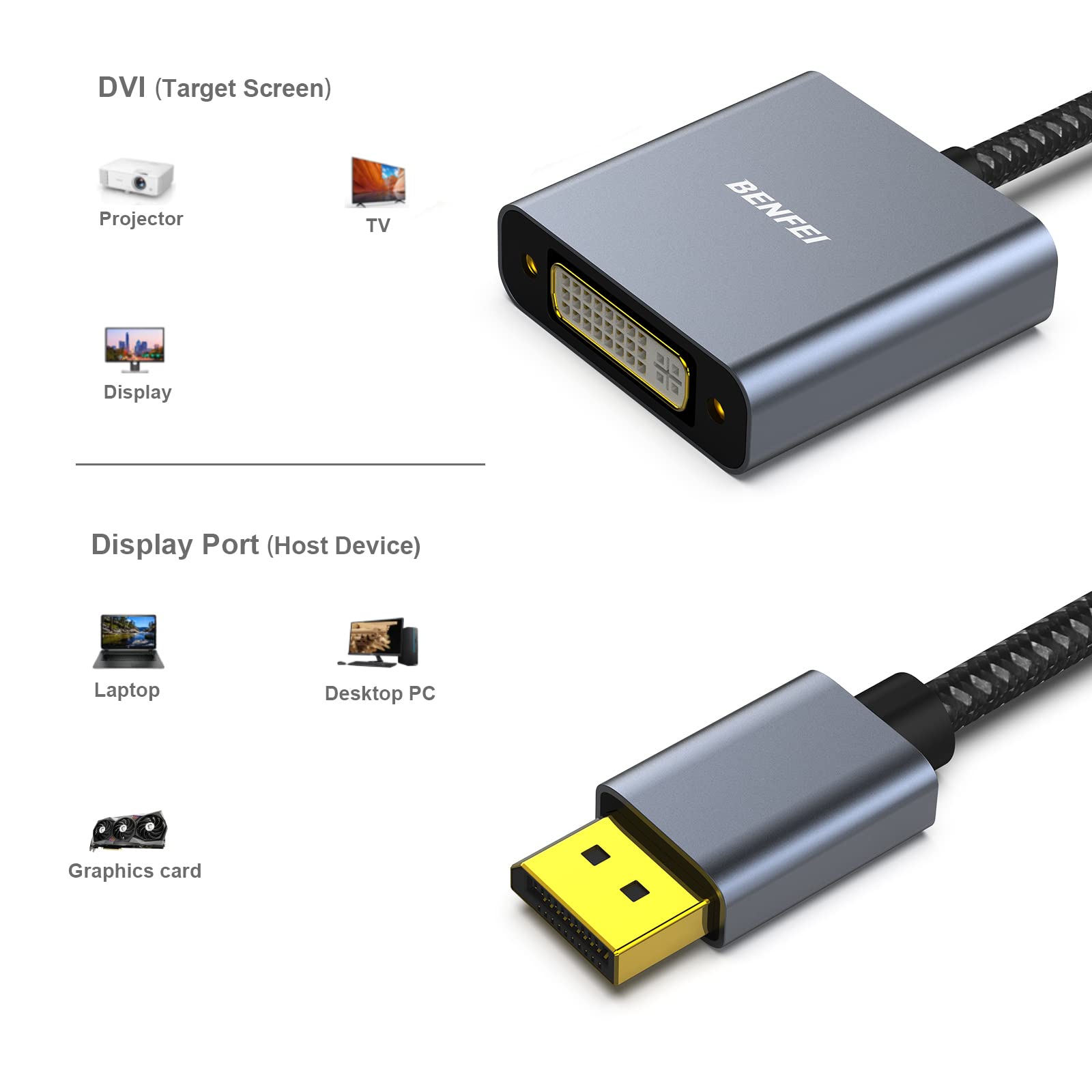 DisplayPort to DVI, Benfei DisplayPort to DVI-D Single Link Adapter Male to Female Adapter Compatible for Lenovo Dell HP and More [Gold-Plated Connectors, Aluminium Shell&Nylon Cable]
