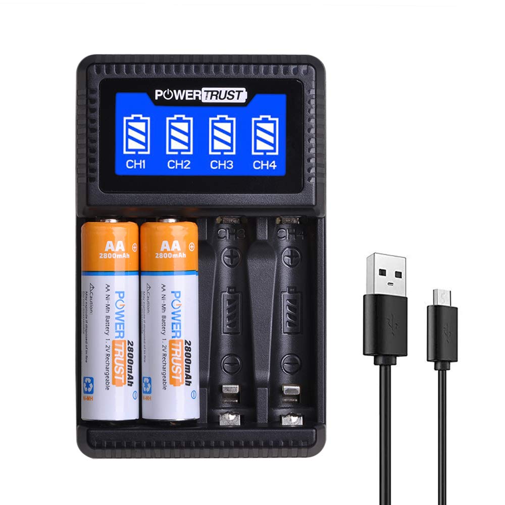 PowerTrust 2800mAh 4Pack AA Rechargeable Batteries and LCD USB Charger for AA AAA Ni-MH Rechargeable Batteries with 4-Slots