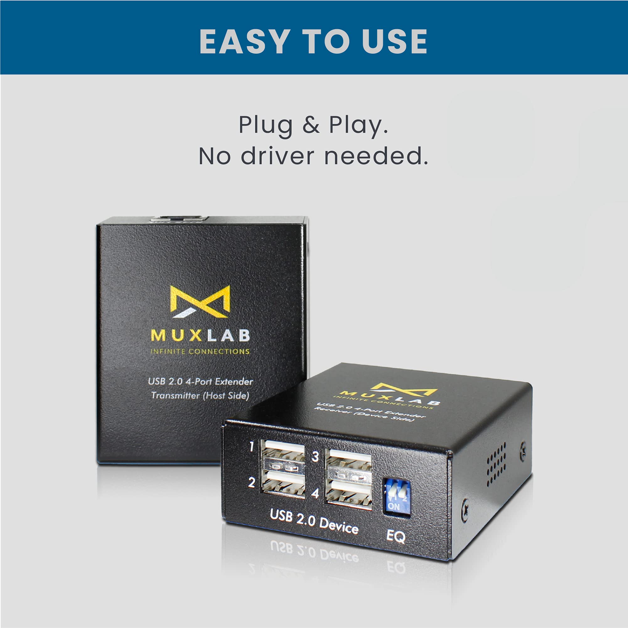 MuxLab USB 2.0 4-Port Extender Kit | 165ft (50m) Over Single Cat5e/6 Cable| 4 USB 2.0 Ports | Plug and Play | No Driver | Supports All Operating Systems | Zero Latency | Ideal for Work or Home