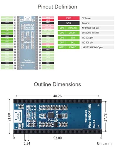 Waveshare 10-DOF IMU Sensor Module for Raspberry Pi Pico Incorporates 9-Axis Motion Sensor ICM20948 and Baroceptor LPS22HB