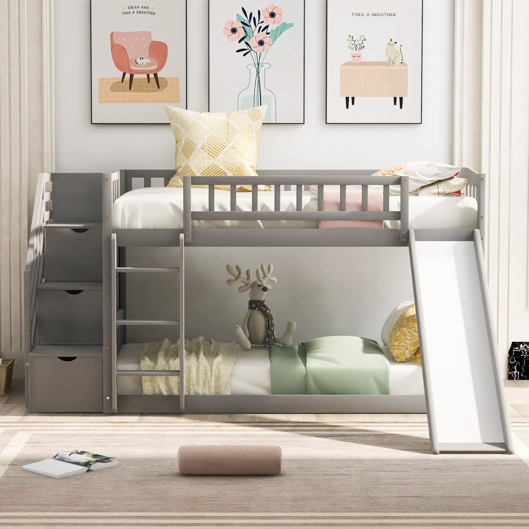 CITYLIGHT Twin Over Twin Bunk Bed with Slide and Stairs, Wooden Low Bunk Bed with Storage Stairs,Kids Bunk Bed with Slide for Girls Boys,No Box Spring Needed, Grey