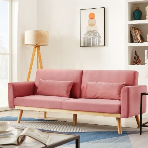 AWQM Velvet Futon Sofa Bed, Memory Foam Couch Set, Upholstered Modern Daybed Convertible Folding Loveseat Recliner with Pillows and Wooden Frame for Compact Living Room, Apartment, Dorm, Office (Pink)