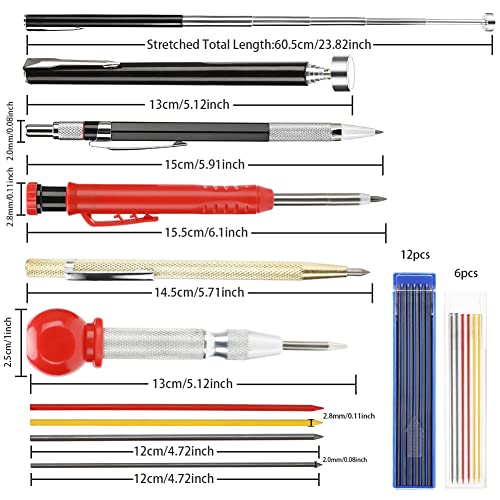 7 Pieces Mechanical Carpenter Pencils Kit with Center Punch, Magnetic Pick Up Tool, Metal Scribe Tool, 2 Pieces Solid Carpenter Pencil with Built-in Sharpener, 18 Refills, for Woodworking Father's Day