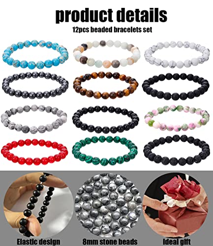 BOMAIL 12Pcs Natural Semi-Precious Gemstones Bracelets -8mm Round Beaded Bracelets for Men Women Reiki Healing Crystals Beads Stretch Bracelet