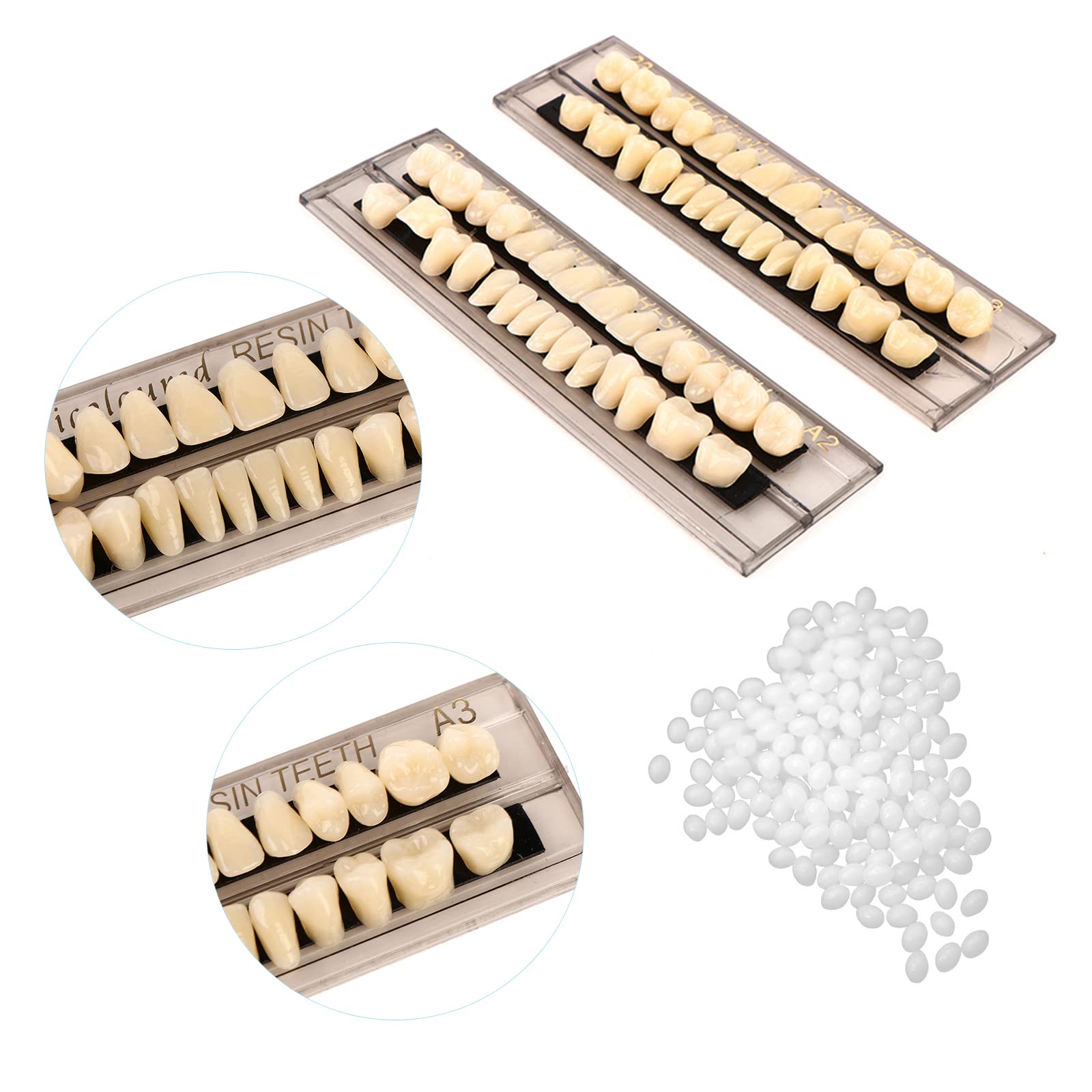 56 Pcs False Teeth Dental Complete Acrylic Resin Denture Teeth, 2 Set Whole Teeth Synthetic Polymer Denture Tooth, 23 Shade A3 Upper + Lower Dental Materials for Replacement, DIY, or Halloween