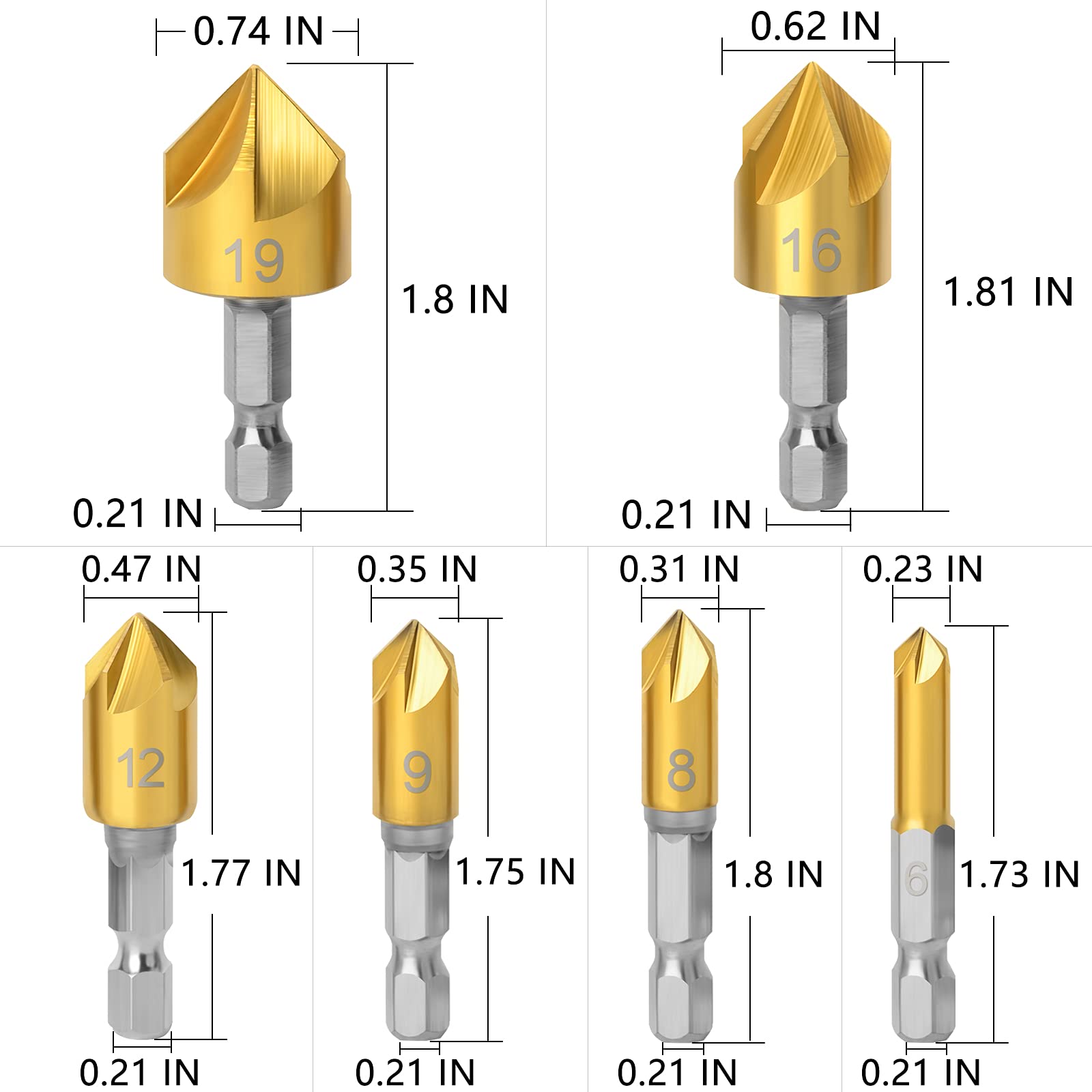 MEIGGTOOL 23pcs Woodworking Chamfer Drilling Tool, 8pcs Wood Plug Cutter Drill, 7pcs Three Pointed Countersink Drill Bit with L-Wrench, 6pcs 1/4" Hex 5 Flute 90 Degree Countersink Drill Bits