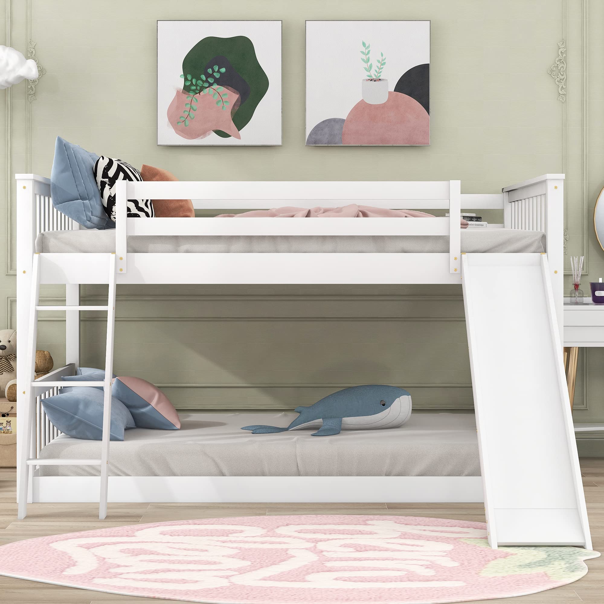 Harper & Bright Designs Kids Floor Bunk Beds, Full Over Full Bunk Bed with Convertible Slide and Ladder, Wooden Low Bunk Bed Frame for Kids, Toddlers, Teens, No Box Spring Needed (Full, White)