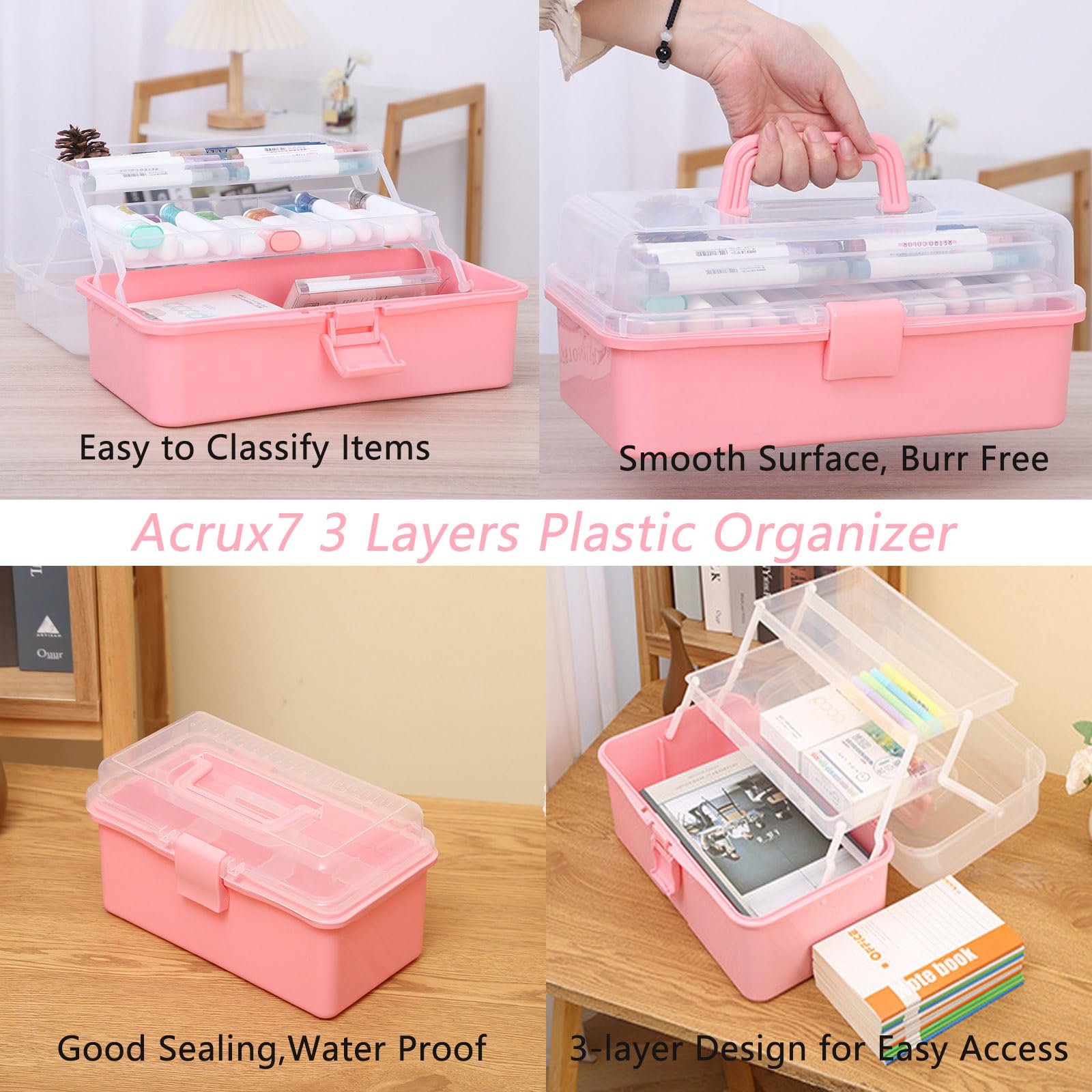 Acrux7 2 Pack Pink Tackle Box Organizer 3 Layers Craft Storage Organizers 10.6'' Plastic Portable Storage Box with Handle and 2 Trays, Folding Craft Box for Arts, Medicine, Sewing, Painting Supplies