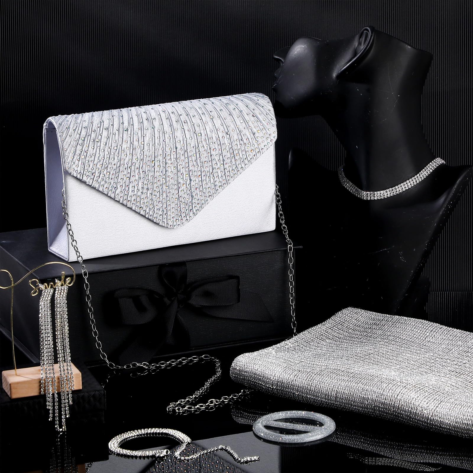5 Pcs Women Accessories Including Shawls and Wraps, Evening Bag Clutch Purses, Rhinestone Jewelry Sets for Wedding Bridal (Silver)