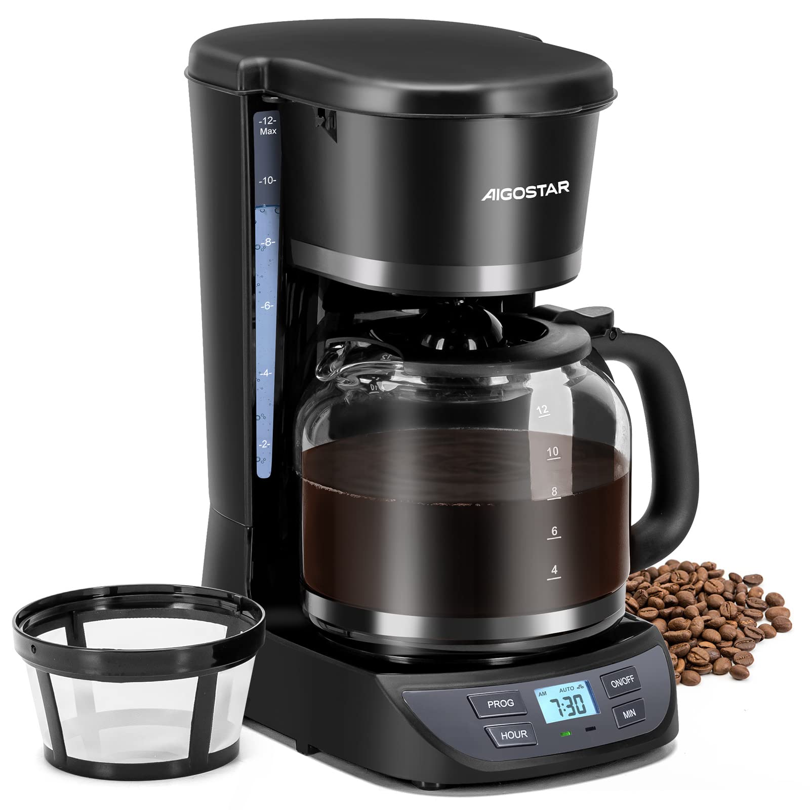 Aigostar Programmable Coffee Maker, 12 Cup Coffee Maker with Glass Carafe, Auto Pause Drip Coffee Maker, 24H Timer and Auto Keep Warm Small Coffee Maker with Permanent Filter, Black