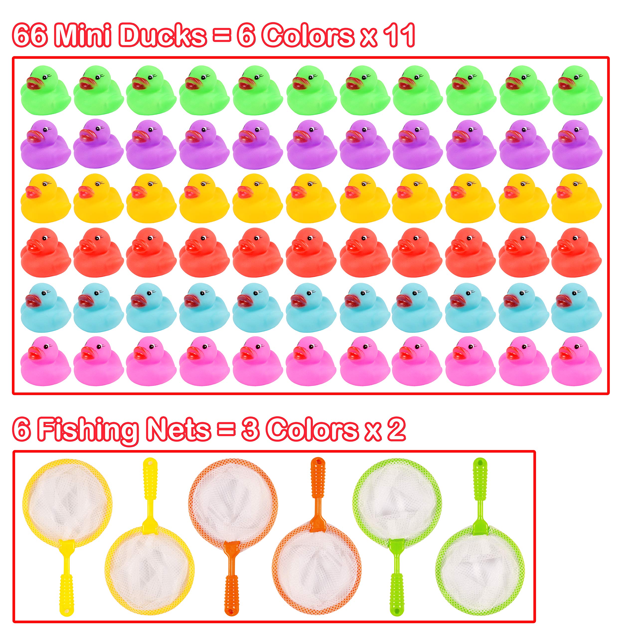 72-Pack Mini Rubber Ducks Set, Mini Colorful Rubber Duckies Bath Toy for Child, Float & Squeak Tiny Ducks Pool Toy Set for Kids Party Favors (66 Ducks+6 Catcher Nets)