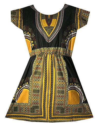 Decoraapparel Girls Dashiki Caftan African Short Baby Doll Dress Above Knee Length (X-Large, Black Yellow)