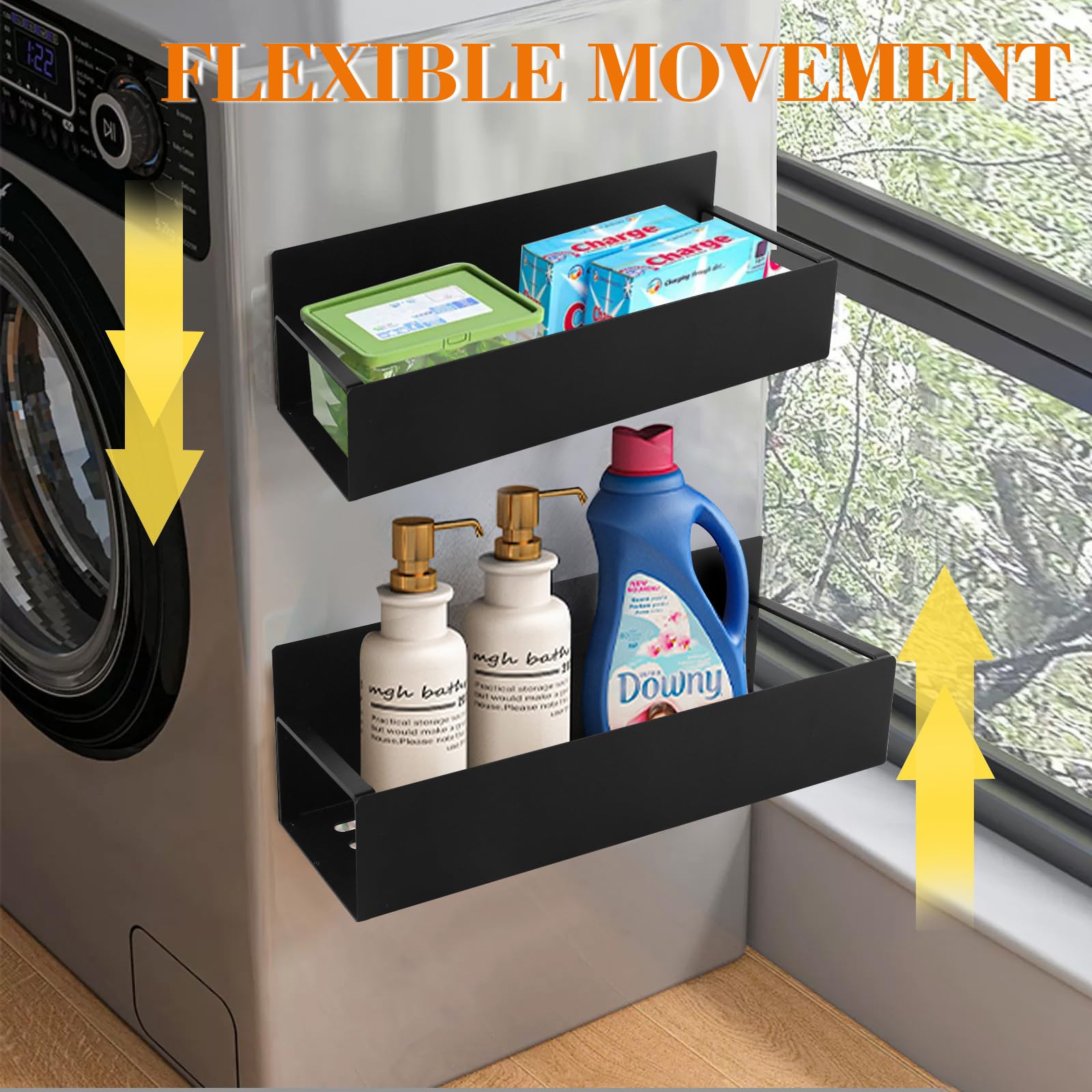 4 Pack Magnetic Shelf for Fridge, Magnetic Spice Rack for Refrigerator,Movable Spice Rack Organizer for Kitchen, Easy to Install, Waterproof and Rustproof ABS Material (BLACK 4 PACK)