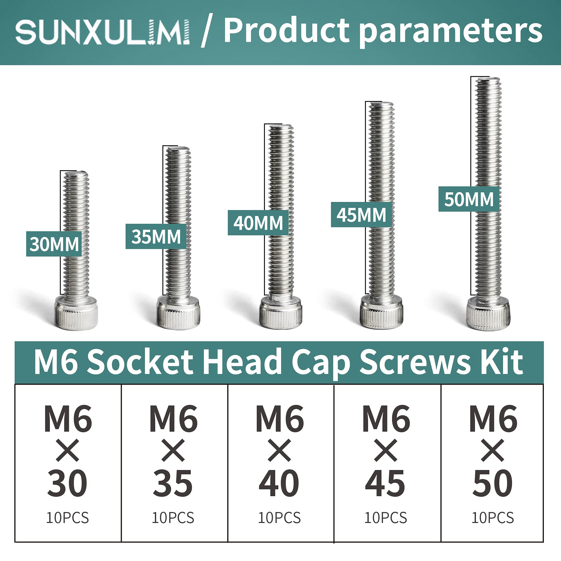 M6 x 30mm 35mm 40mm 45mm 50mm Socket Head Cap Screws Bolts 304 Stainless Steel Machine Metric Hex Socket Screw, 50PCS