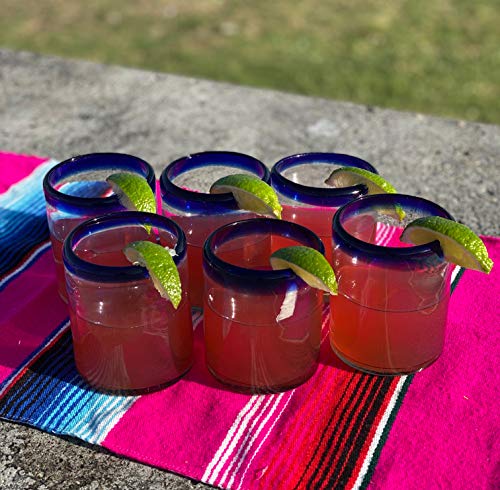 Hand Blown Mexican Drinking Glasses - Set of 6 Tumbler Glasses with Cobalt Blue Rims (10 oz each)