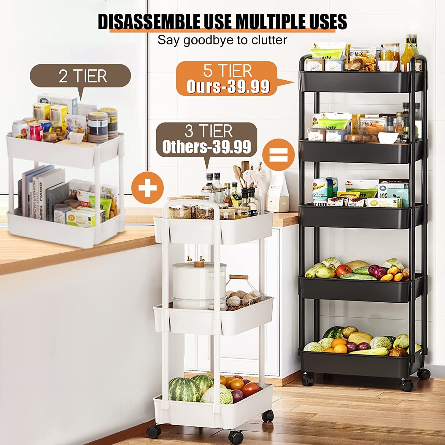 7 code 3 Tier Rolling Cart, Plastic Storage Cart, Multi-Functional Utility Cart Kitchen Storage Organizer,Mobile Shelving Unit Cart with Lockable Wheels for Bathroom,Laundry,Living Room,Black