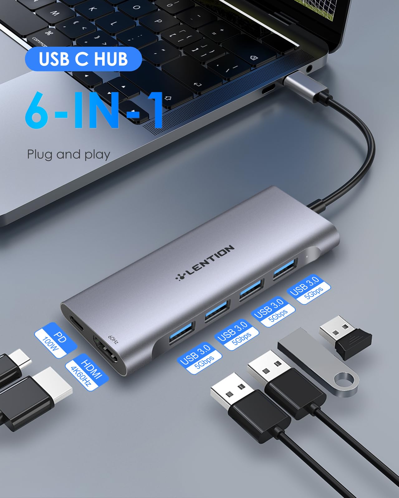 LENTION USB C Hub with 4K HDMI Output(4K@60Hz), 4 USB 3.0, Type C Charging Dongle Compatible 2023-2016 MacBook Pro, New Mac Air, Steamdeck, Type C Devices, Stable Driver Adapter (CB-C35sH, Space Gray)