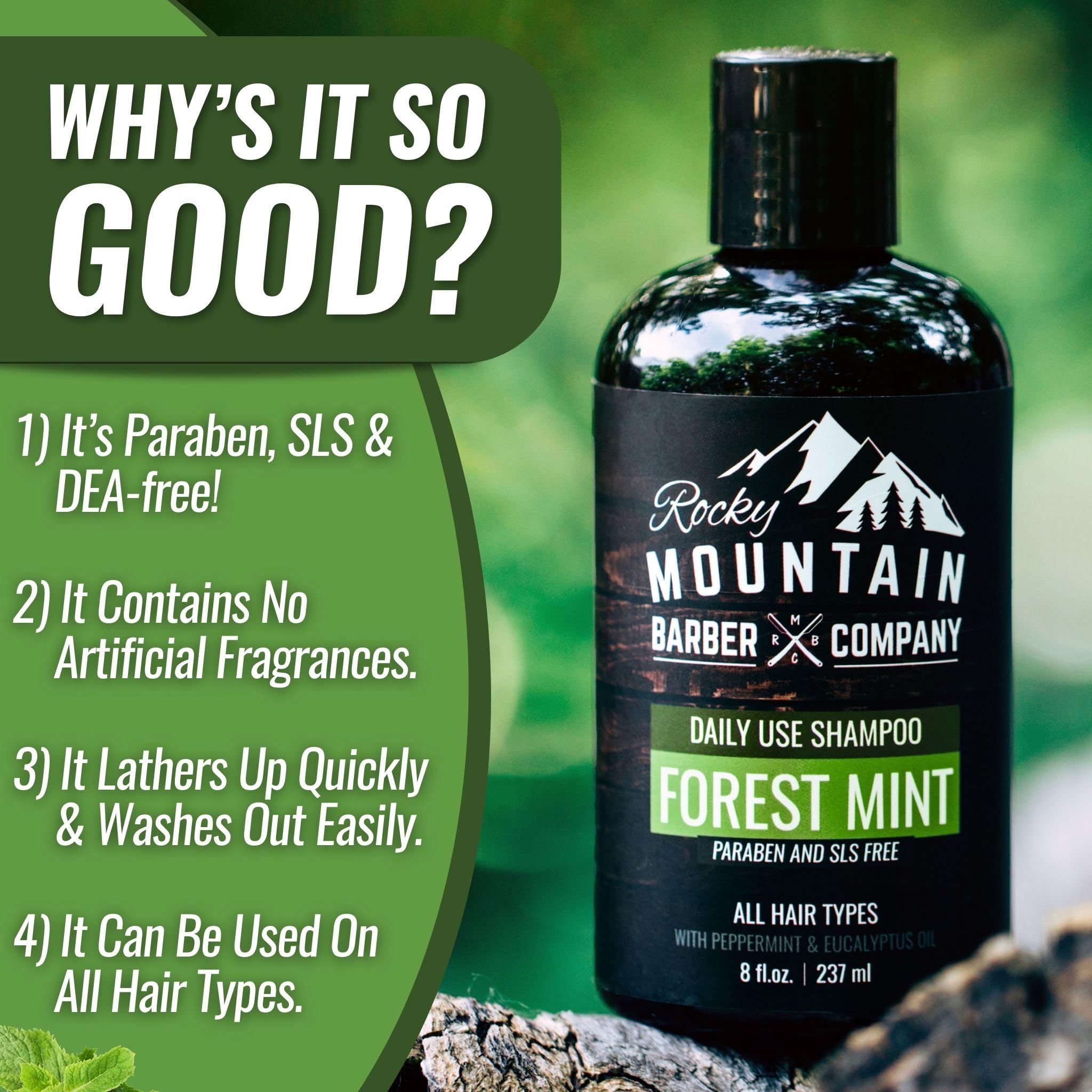 Rocky Mountain Barber Company Men's Shampoo - Tea Tree Oil, Peppermint & Eucalyptus for All Hair Types