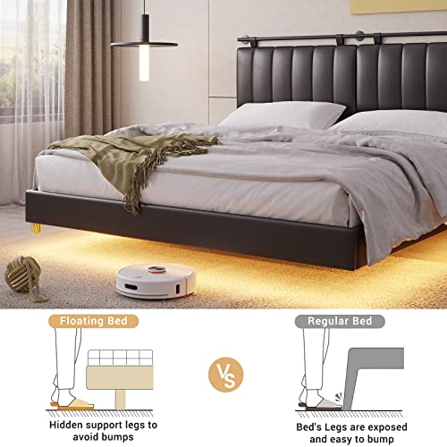 DICTAC King Floating Bed Frame with LED Lights and Wall Mounted Headboard Modern Upholstered Platform Low Profile LED Bed Frame King Size, No Box Spring Needed, Noise Free, Easy Assembly,Black